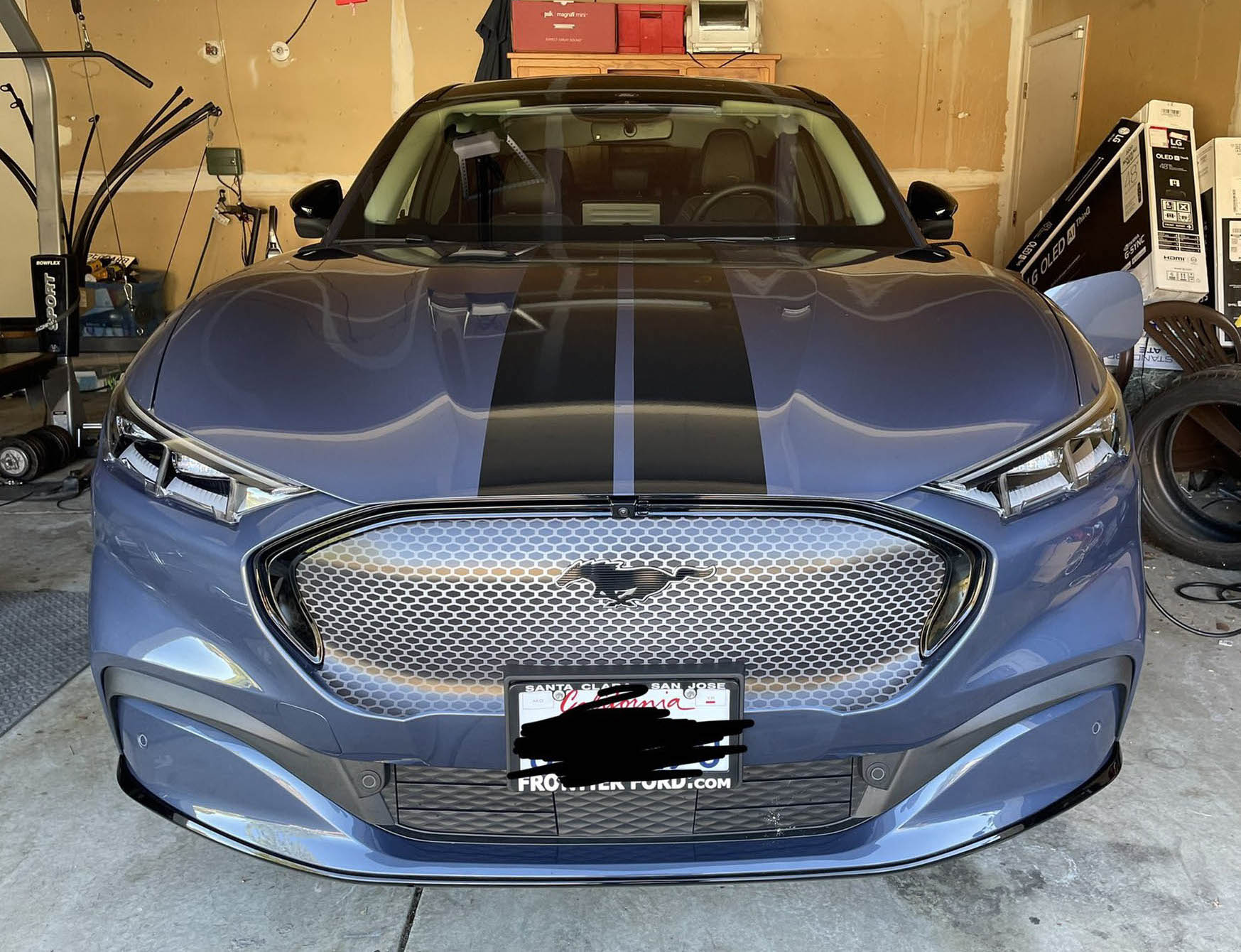 Infinite Blue Mach E - Installed vinyl grill wrap and hood stripes ...